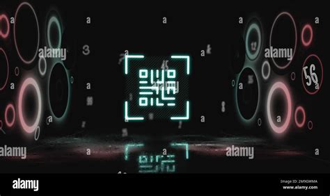 Digital Image Of Glowing Qr Code Against Rows Of Using Laptop Qr Code On Black Background Stock