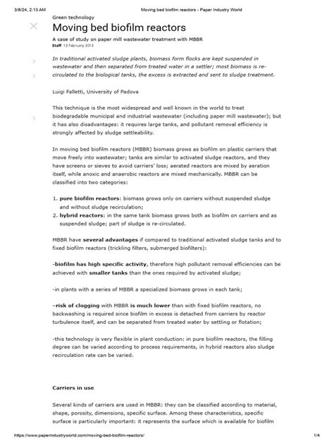 Moving Bed Biofilm Reactors Paper Industry World Pdf Sewage Treatment Industrial Processes