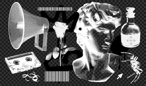 레트로 네거티브 복사 효과와 함께 다양한 멋진 요소의 빈티지 Yk 세트 Yk 그런지 스피커 프리미엄 벡터