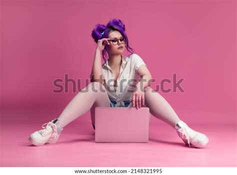 Sexy Girl Glasses Purple Hair Laptop Stock Photo Shutterstock
