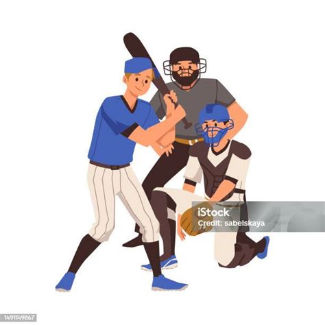 야구 선수 타자 포수 투수 흰색 배경에 분리된 평면 벡터 그림 3 명에 대한 스톡 벡터 아트 및 기타 이미지 3 명 야구 글러브 경기 스포츠 Istock