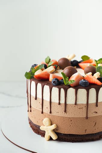 갈색 레이어 케이크 블루 베리 딸기 및 초콜릿 드립으로 장식 된 세 가지 초콜릿 흰색 배경 0명에 대한 스톡 사진 및 기타 이미지 Istock