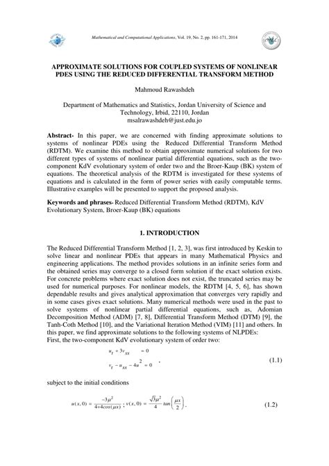 Pdf Approximate Solutions For Coupled Systems Of Nonlinear Pdes Using The Reduced Differential