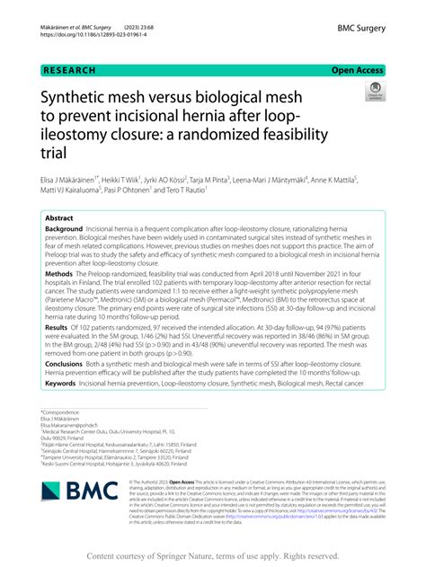Pdf Synthetic Mesh Versus Biological Mesh To Prevent Incisional Hernia After Loop Ileostomy