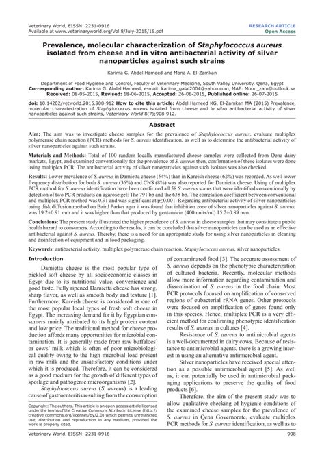 Pdf Prevalence Molecular Characterization Of Staphylococcus Aureus Isolated From Cheese And
