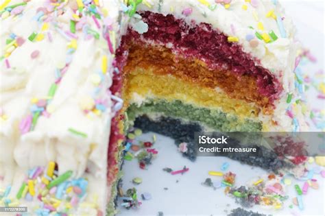 홈 메이드 무지개 층 스폰지 생일 케이크의 단면 이미지는 멀티 컬러 파스텔 색조에 화이트 버터 크림 질감 아이싱과 색종이 설탕 페이스트 뿌려 덮여 0명에 대한 스톡 사진 및