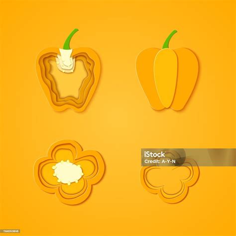 종이 세트는 노란 후추를 잘라 벡터 종이 는 식품 포장의 디자인을위한 달콤한 오렌지 고추의 형태로 디자인을 잘라 벡터 그림입니다 종이 아트 스타일 파프리카 종이 접기