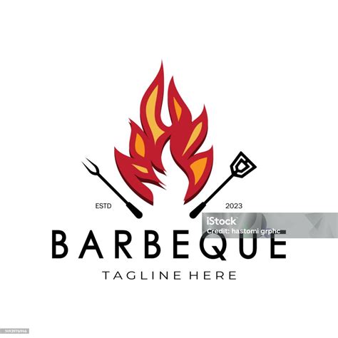 Smoke And Bbq Barbecue 빈티지 핫 그릴 교차 불꽃과 주걱 레스토랑 배지 카페 및 Barvector 로고 고기에