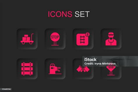 개찰구 정지 표지판 트롤리 여행 가방 깃발 기차 차장 철도 건널목 온라인 티켓 예약 및 철도 철도 트랙 아이콘을 설정합니다 벡터 0명에 대한 스톡 벡터 아트 및 기타 이미지