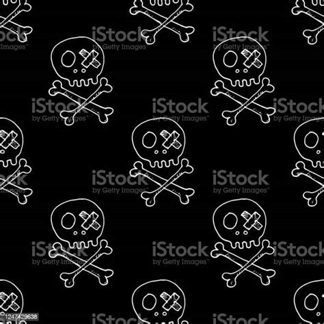 두개골과 뼈 원활한 패턴 귀여운 낙서 해적 스케치 손으로 그린 만화 벡터 일러스트 가공의 인물에 대한 스톡 벡터 아트 및 기타 이미지 가공의 인물 고풍스런 귀여운