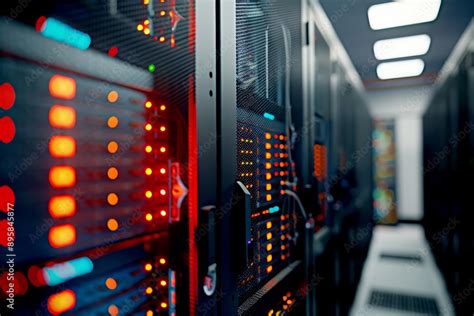 Modern Data Center With Rows Of Server Racks Illuminated By Glowing Lights Representing