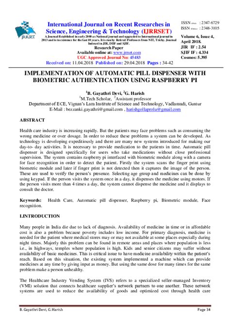 pdf implementation of automatic pill dispenser with biometric authentication using raspberry pi