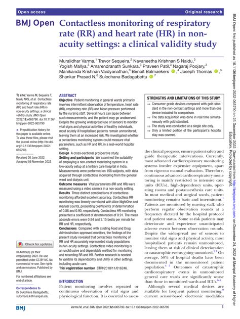 Pdf Contactless Monitoring Of Respiratory Rate Rr And Heart Rate Hr In Non Acuity Settings
