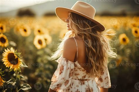 Woman In A Sundress Walking Through A Sunflower Field Photo With Empty