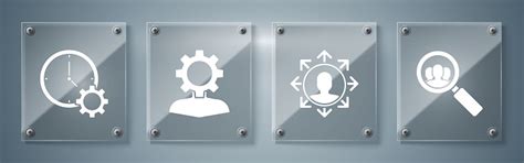 사람을 검색하기 위해 돋보기를 설정 프로젝트 팀 베이스 내부 장비와 시간 관리와 인간 정사각형 유리 패널 벡터 개념에 대한 스톡 벡터 아트 및 기타 이미지 Istock