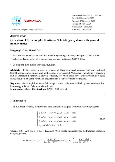 Pdf On A Class Of Three Coupled Fractional Schrödinger Systems With