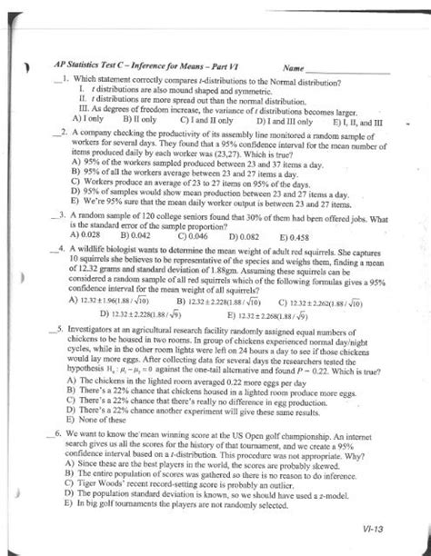 AP Statistics Test C Inference For Means Libertyville High School
