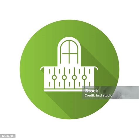 발코니 녹색 평면 디자인 긴 그림자 문하 아이콘입니다 인테리어 요소 빈티지 디자인 아파트 베란다 울타리가있는 작은 테라스 건축 건물 외부 부분입니다 벡터 실루엣