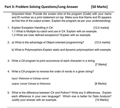 Solved Part 3 Problem Solving Questions Long Answer 50 Chegg Com