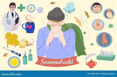 Set Of Icons On The Theme Of The Common Cold Vector Graphics Stock