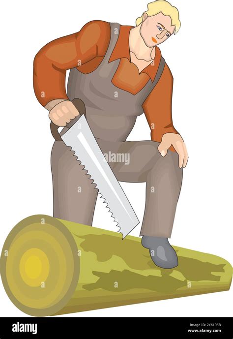 Lumberjack At Work Sawing Tree Trunk With Electric Saw Logging Machinery Piling Wood Cartoon