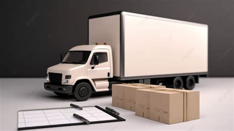 3d delivery truck laden with cardboard boxes and checklists background
