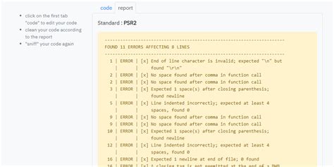 webcodesniffer screenshots web interface for php codesniffer coding standards for clean and