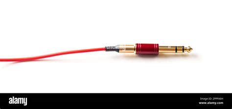 Red Auxauxiliary Cable With Male Jack Isolated Over White Background Cable For Stereo Input