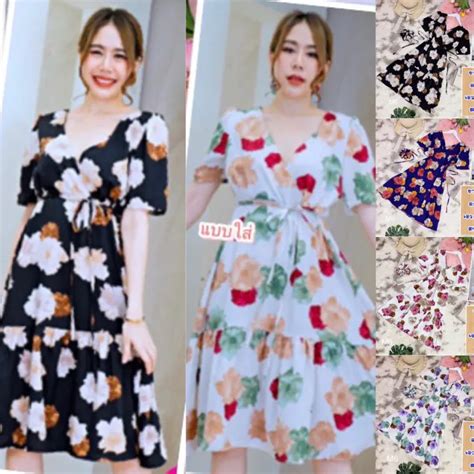ชุดเดรส ยางรัดผม ผ้าไหมอิตาลี ลายดอก อกผ่า เอวยืดหลัง มีเชืกอกผูกเอว 👉
