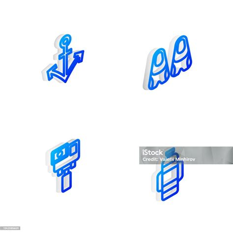 수영 앵커 액션 익스트림 카메라 및 아쿠아룽 아이콘을 위한 등극 라인 플리퍼를 설정합니다 벡터 3차원 형태에 대한 스톡 벡터 아트 및 기타 이미지 Istock
