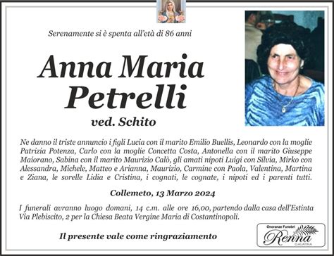 Anna Maria Petrelli Ved Schito Onoranze Funebri Renna Galatina Lecce