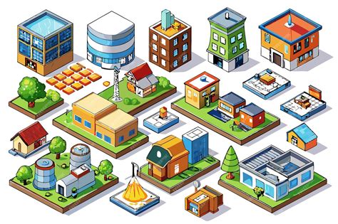 Un Conjunto De Coloridas Ilustraciones Isométricas De Diferentes Tipos