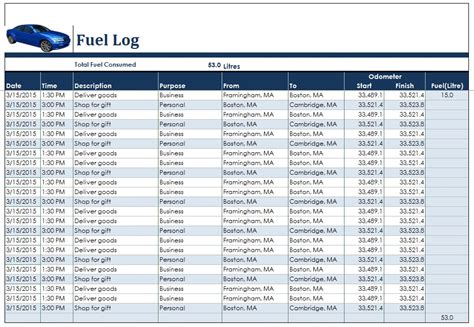 Fuel Log Sheets And Templates Printable Samples