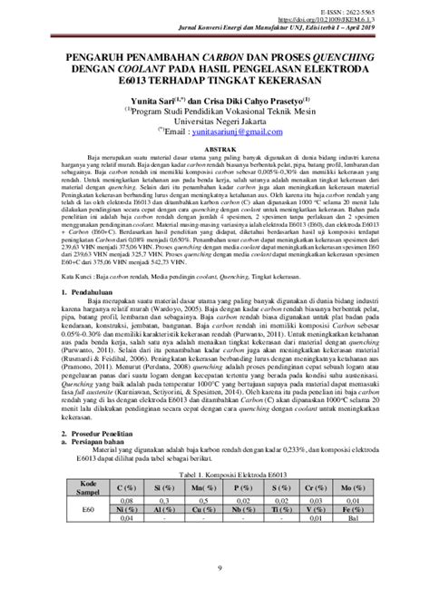 Pdf Pengaruh Penambahan Carbon Dan Proses Quenching Dengan Coolant Pada Hasil Pengelasan