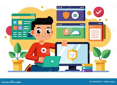 A Cartoon Character Customizes Javascript Frameworks On A Laptop Surrounded By Colorful Screens