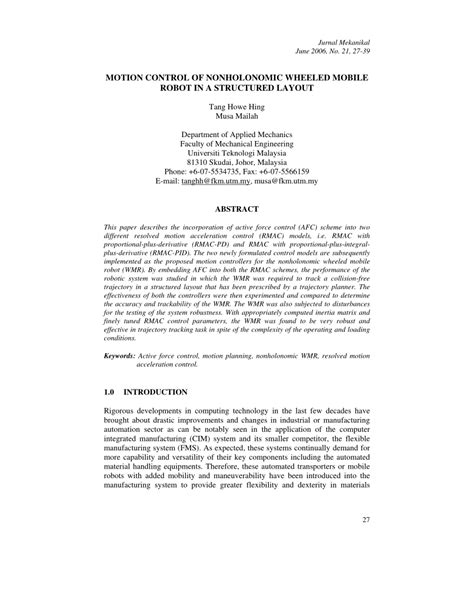 Pdf Motion Control Of Nonholonomic Wheeled Mobile Robot In A