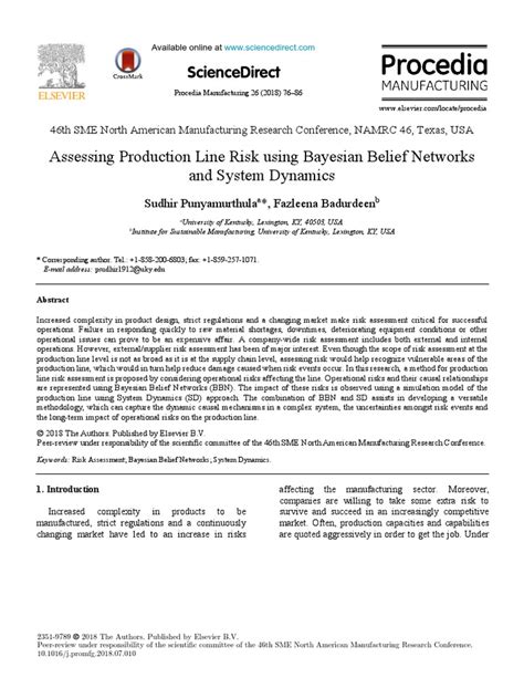 Assessing Production Line Risk Using Bayesian Belief Networks Pdf Risk Risk Management