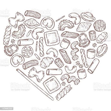 큰 컬렉션 이탈리아 파스타 배경 메뉴 스티커 카페 레스토랑 바 상점을위한 요리되지 않은 파스타의 다른 유형 이탈리아 요리 스테이플 세트 벡터 손으로 그린 스타일