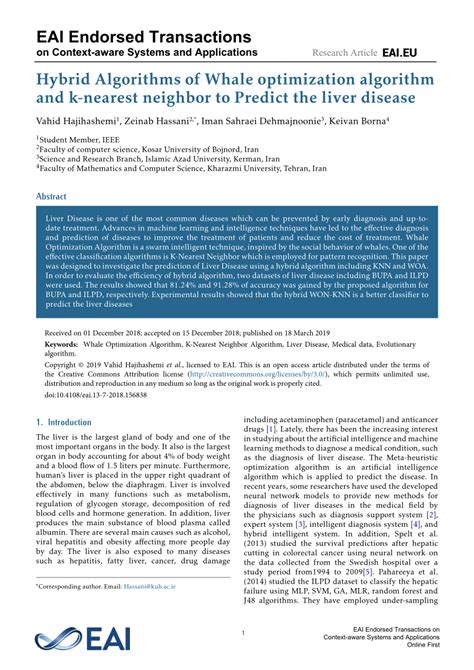 Pdf Hybrid Algorithms Of Whale Optimization Algorithm And K Nearest