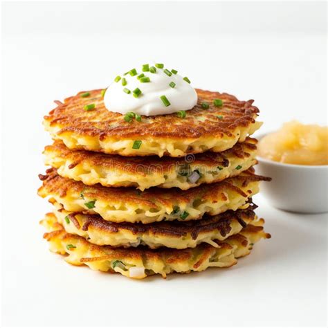 A Stack Of Golden Brown Potato Latkes Topped With Sour Cream And Chives