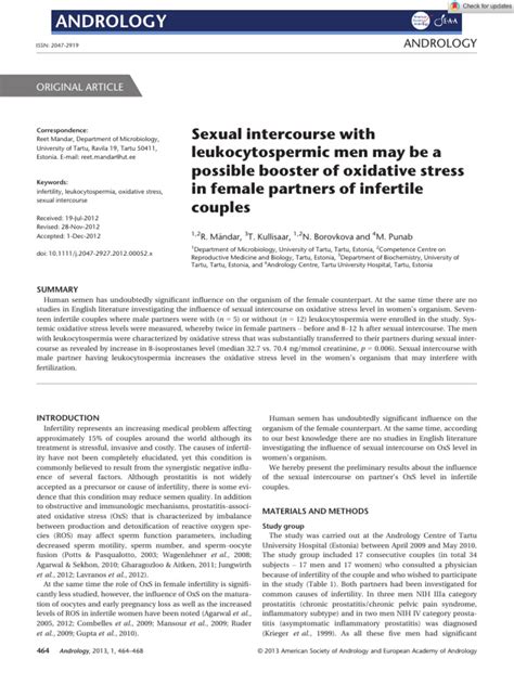 Andrology 2013 Mändar Sexual Intercourse With Leukocytospermic
