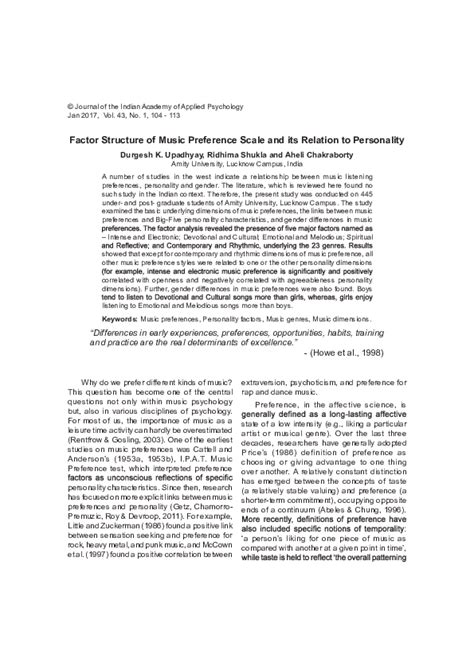 Pdf Factor Structure Of Music Preference Scale And Its Relation To Personality