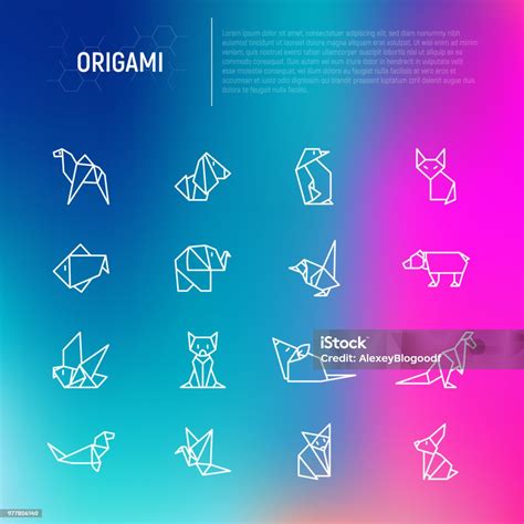 종이 접기 선 아이콘 세트 펭귄 낙 타 여우 곰 참새 물고기 마우스 새 코끼리 캥거루 토끼 인감 너구리 현대 벡터 일러스트 워크샵에 대 한입니다 종이접기에 대한 스톡 벡터