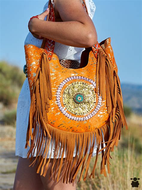 Bolso Boho Chic Artístico Naranja De Piel Oveja Bohemia