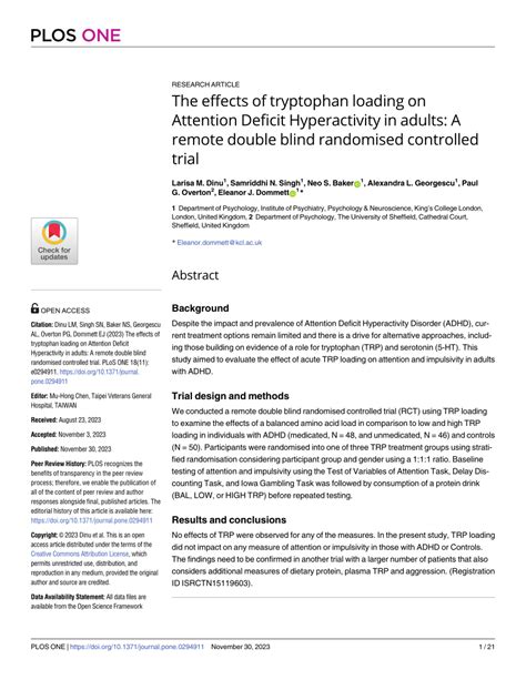 Pdf The Effects Of Tryptophan Loading On Attention Deficit Hyperactivity In Adults A Remote
