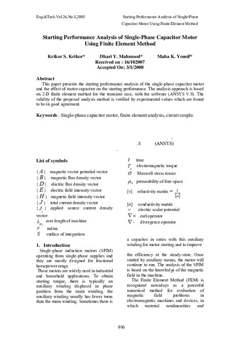 Pdf Starting Performance Analysis Of Single Phase Capacitor Motor