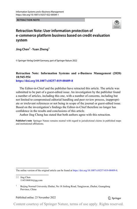 Retraction Note User Information Protection Of E Commerce Platform Business Based On Credit