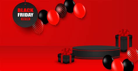 블랙 프라이데이 세일 테마 제품 디스플레이 연단 빨간색 배경에 검은색빨간색 풍선이 있는 디자인 벡터 그림 개념에 대한 스톡 벡터 아트 및 기타 이미지 Istock