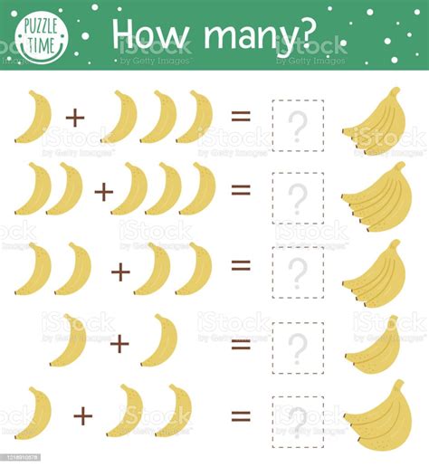 바나나와 수학 게임 미취학 아동을위한 열대 수학 활동 워크 시트를 계산 정글 계산 귀여운 재미있는 요소와 교육 추가 수수께끼 아이들을위한 간단한 여름 게임 0명에 대한 스톡
