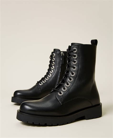 Combat Boots With Rhinestone Eyelets Woman Black Twinset Milano
